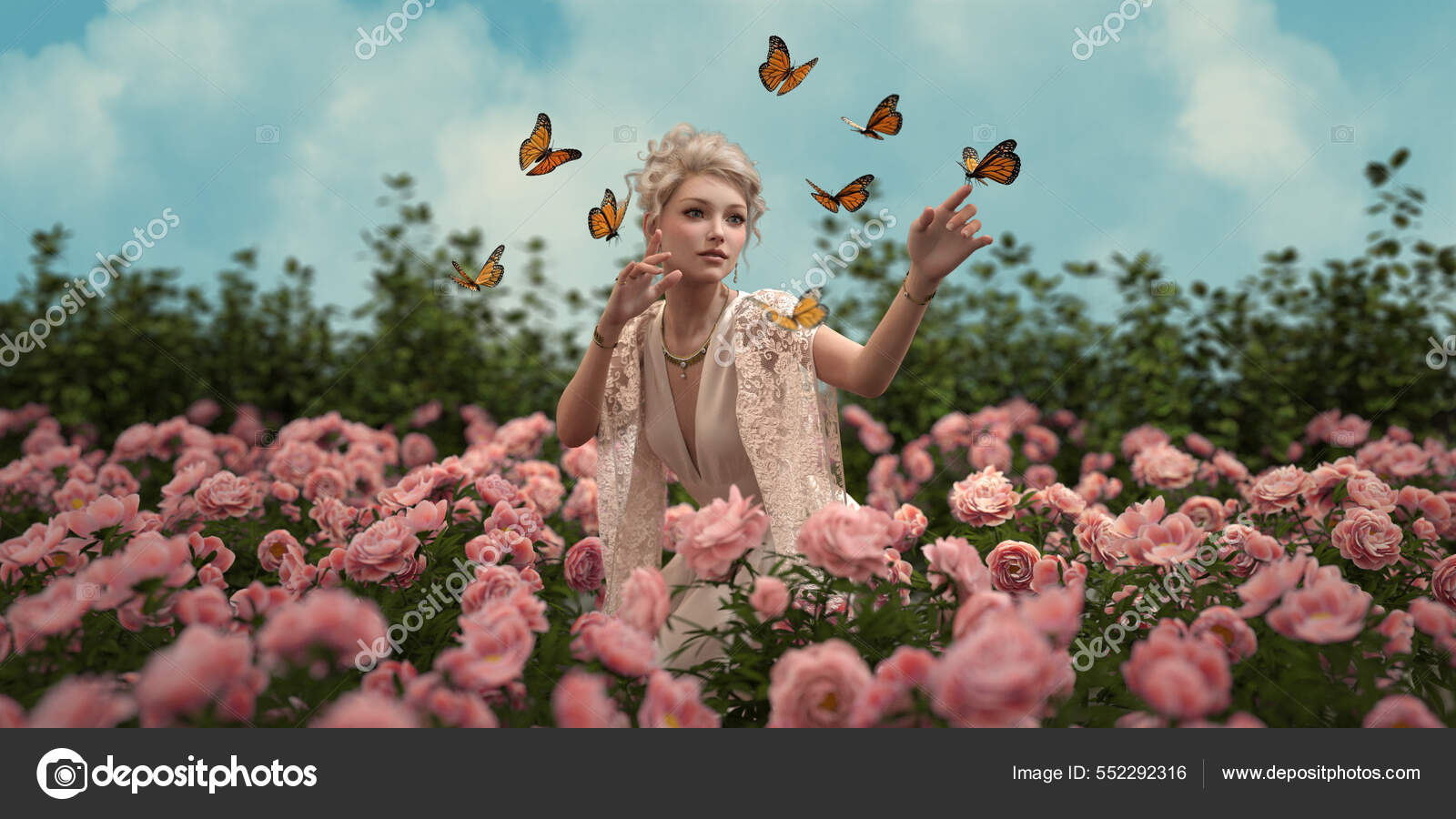 Computer Graphics Girl Surrounded Roses Butterflies Stock Photo by ...