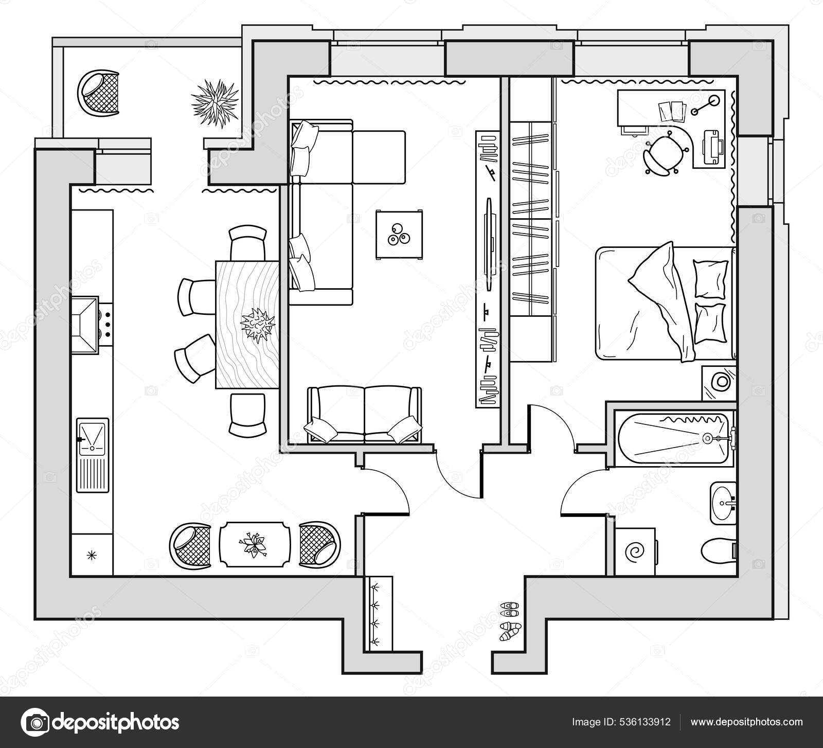 Architectural Layout House Floor Plan Top View Furniture Placement ...