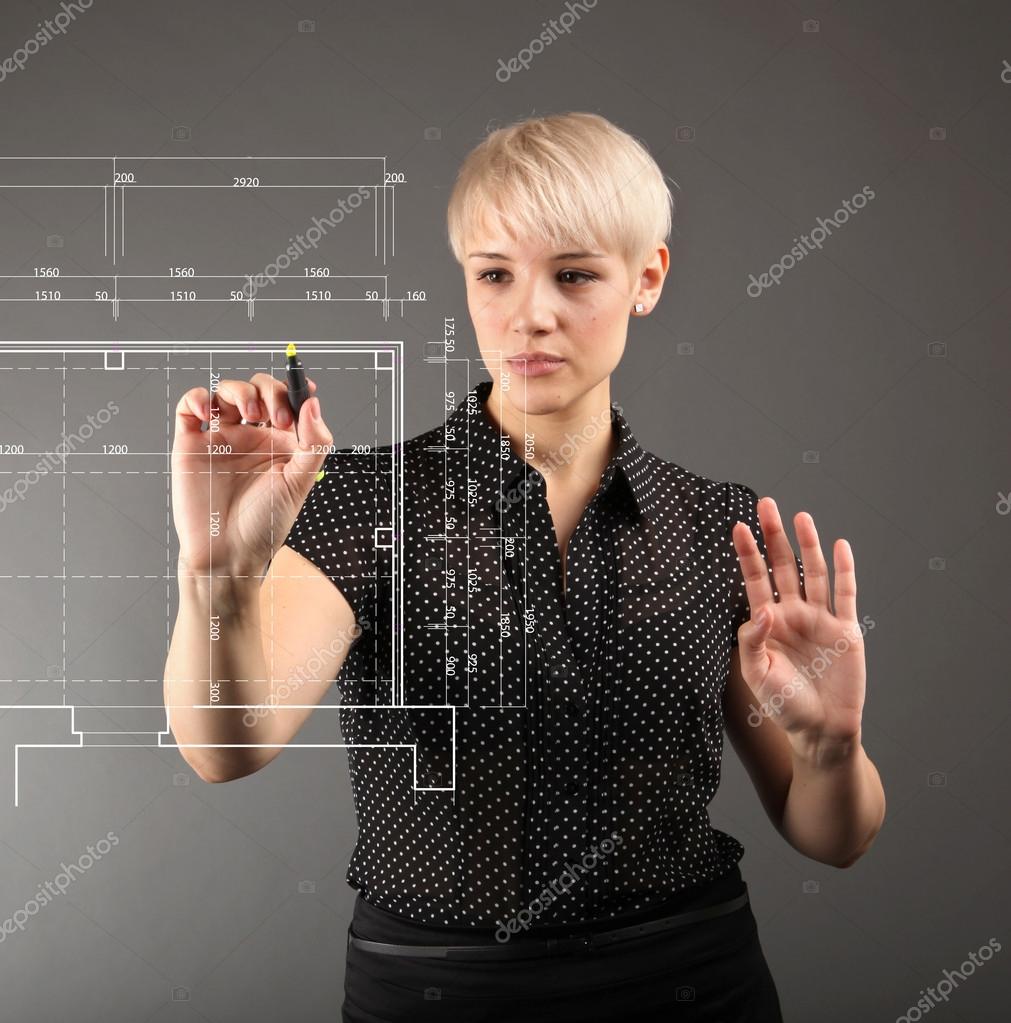 Blueprint design technical concept - girl drawing on screen Stock Photo ...