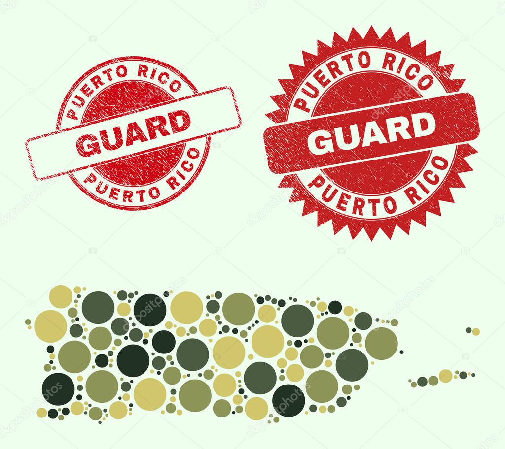 Mapa de Puerto Rico Collage con elementos del Círculo Militar Caqui con ...