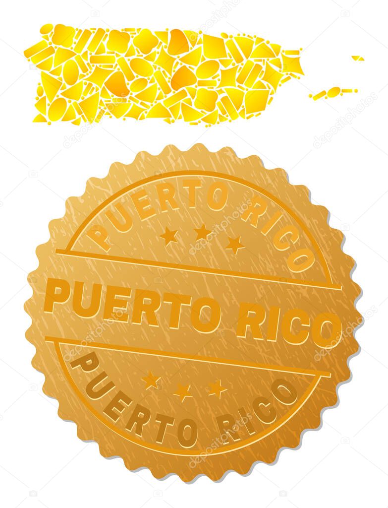 Mapa de Puerto Rico Mosaico de Oro y Metálico Insignia de Puerto Rico 2024