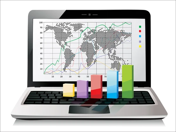 laptop showing a world map spreadsheet with some 3d charts over it ...