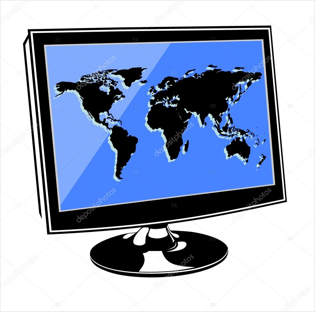 Computer monitor with World map and flying digits on screen Stock ...