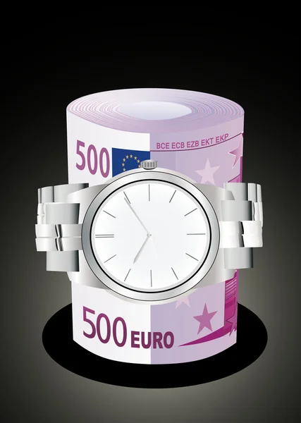 Wrist watch wrapped around a roll of 200 euro banknotes over white ...