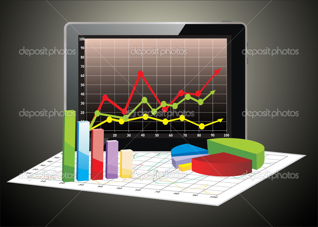 Realistic tablet pc computer with spreadsheet and a paper with ...