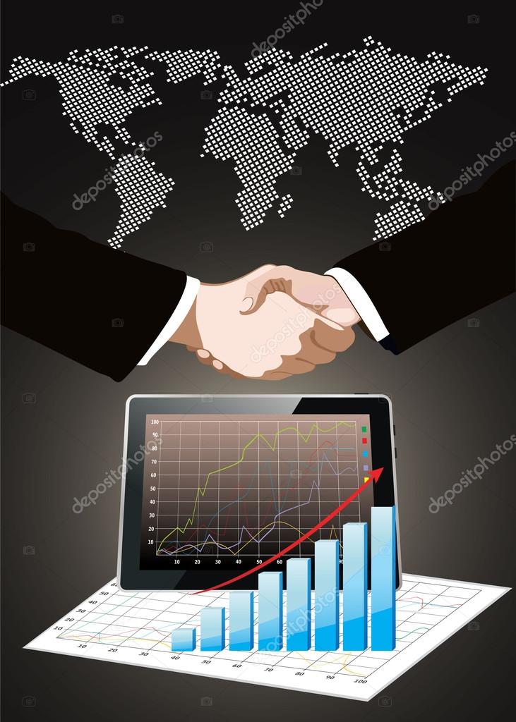 World map, tablet pc computer showing a spreadsheet with some 3d charts ...