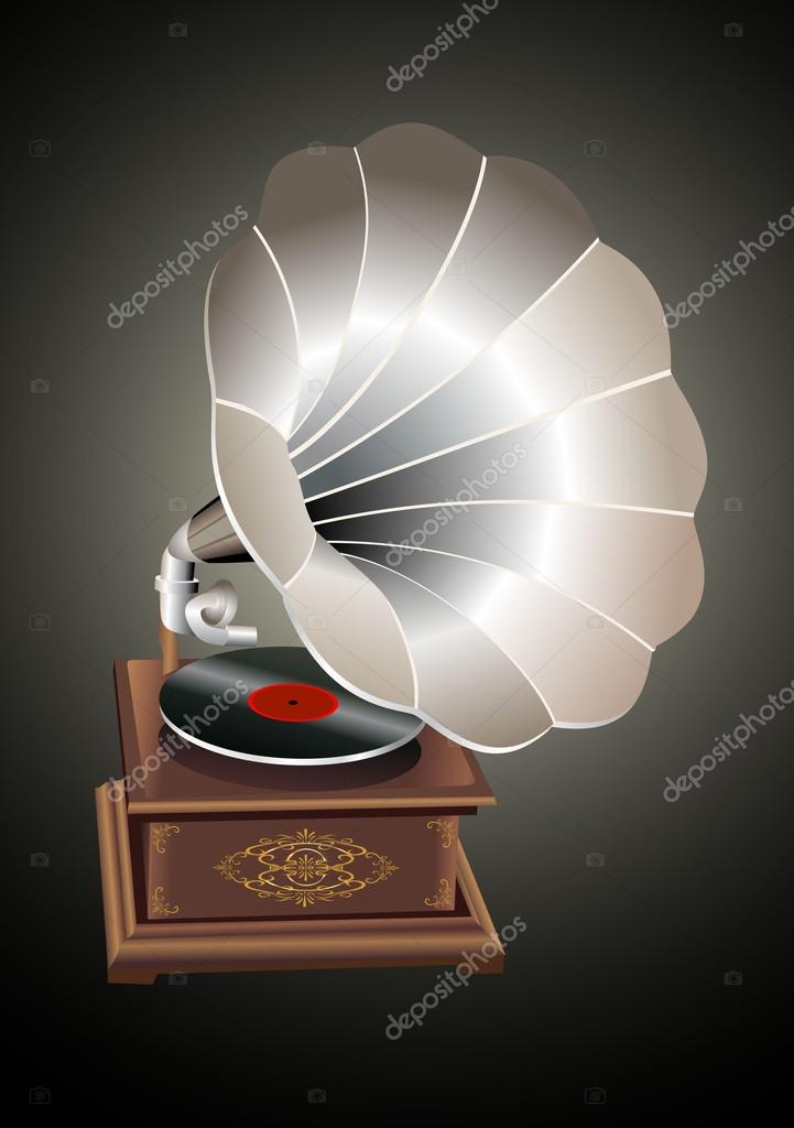 Retro old gramophone with horn speaker for playing music over plates ...