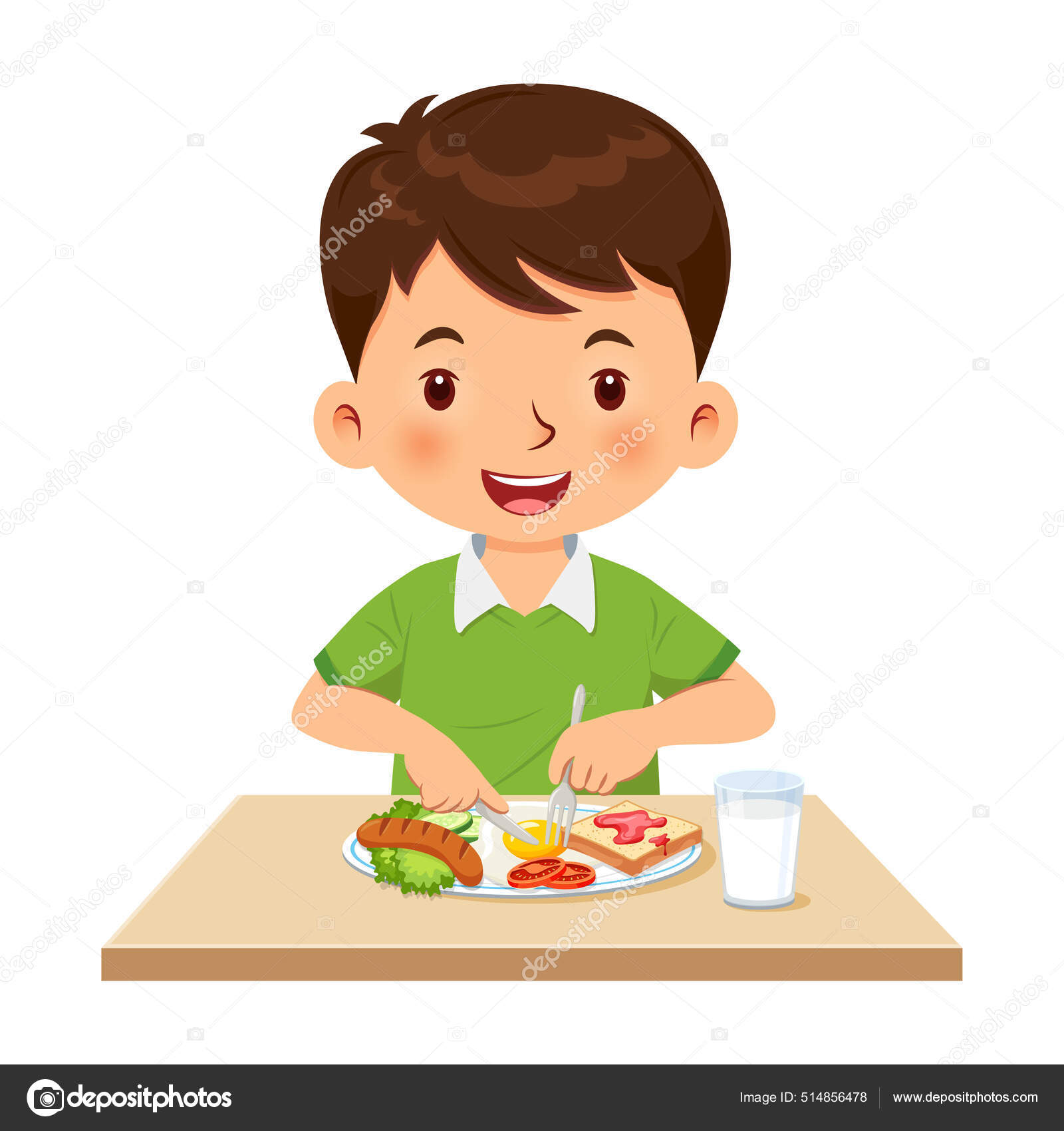 Little Boy Happy Eating Breakfast Vector Illustration Stock ...