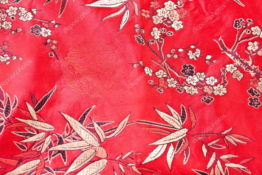Red traditional Chinese table cloth with bamboo design — Stock Photo ...