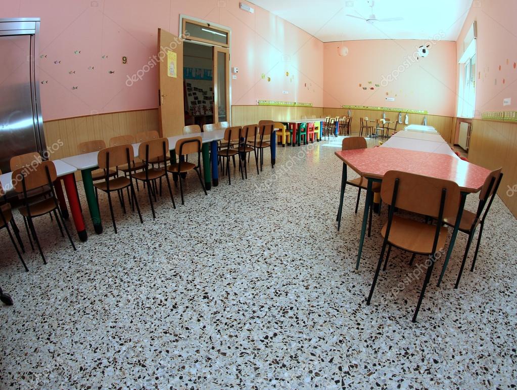 In the refectory of the nursery school with many chairs Stock Photo by ...
