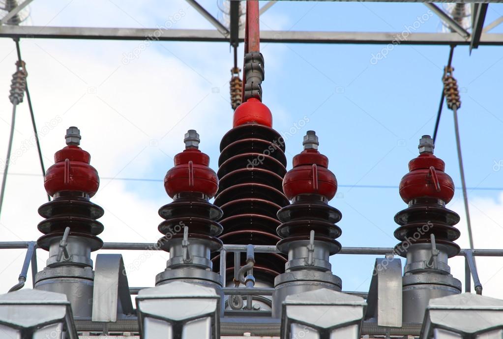 Big insulators of a voltage transformer of a powerful power plan ...