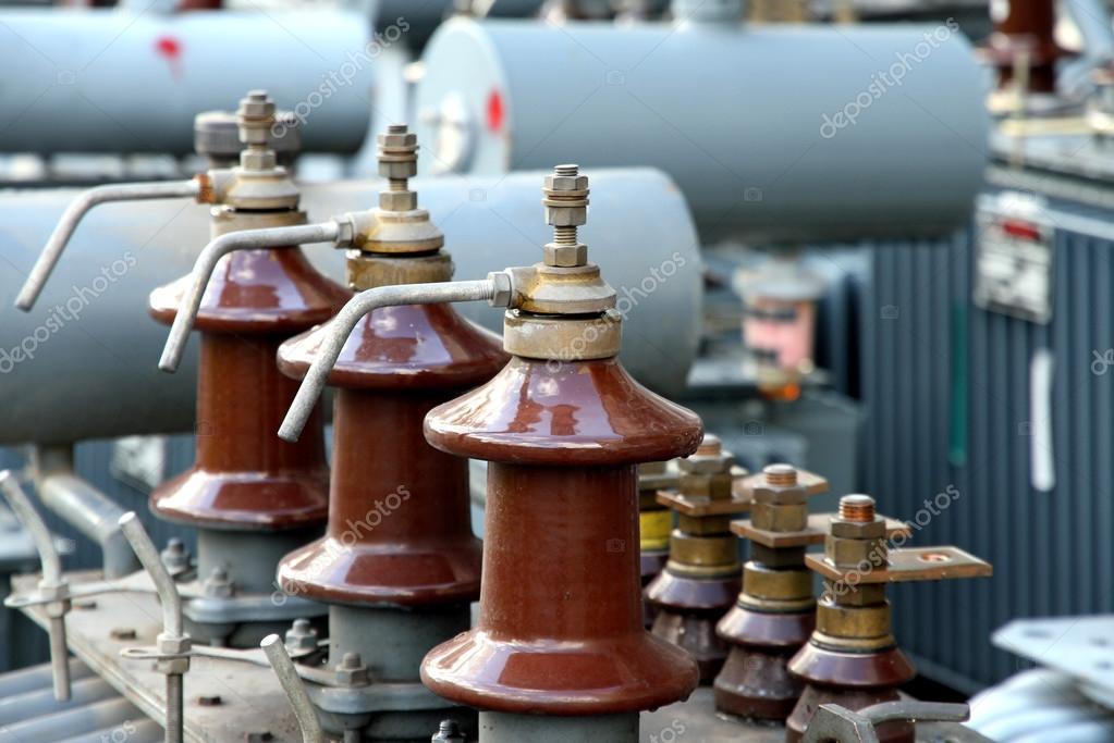 Detail of the isolators of the three supply phases of a power tr ...
