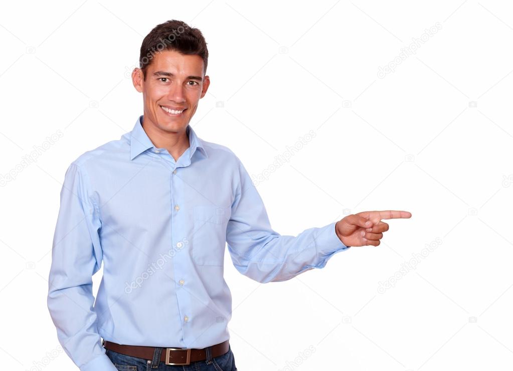 Adult man smiling and pointing to his left. — Stock Photo © pablocalvog ... Adult man smiling and pointing to his left. — Stock Photo © pablocalvog ...