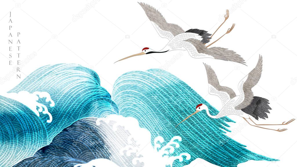 Vector de aves grulla. Fondo japon s con textura azul acuarela textura ...