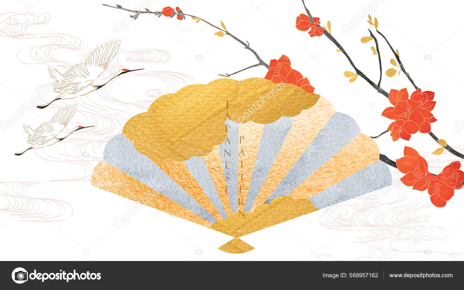 Crane Birds Gold Texture Fan Object Branch Leaves Flower Element Stock ...
