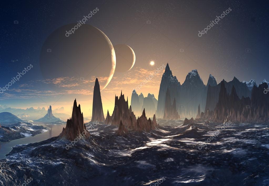 Alien Planet with Mountains with Moons — Stock Photo © diversepixel ...