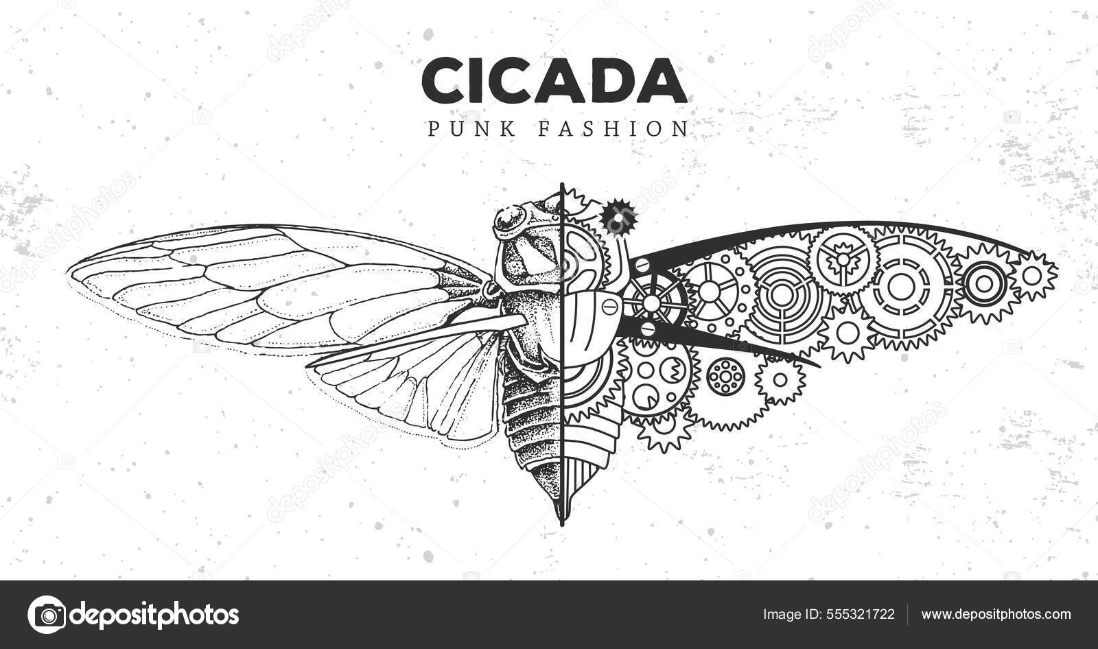 Realistic Punk Style Cicada Illustration Cicada Silhouette Gears Vector ...
