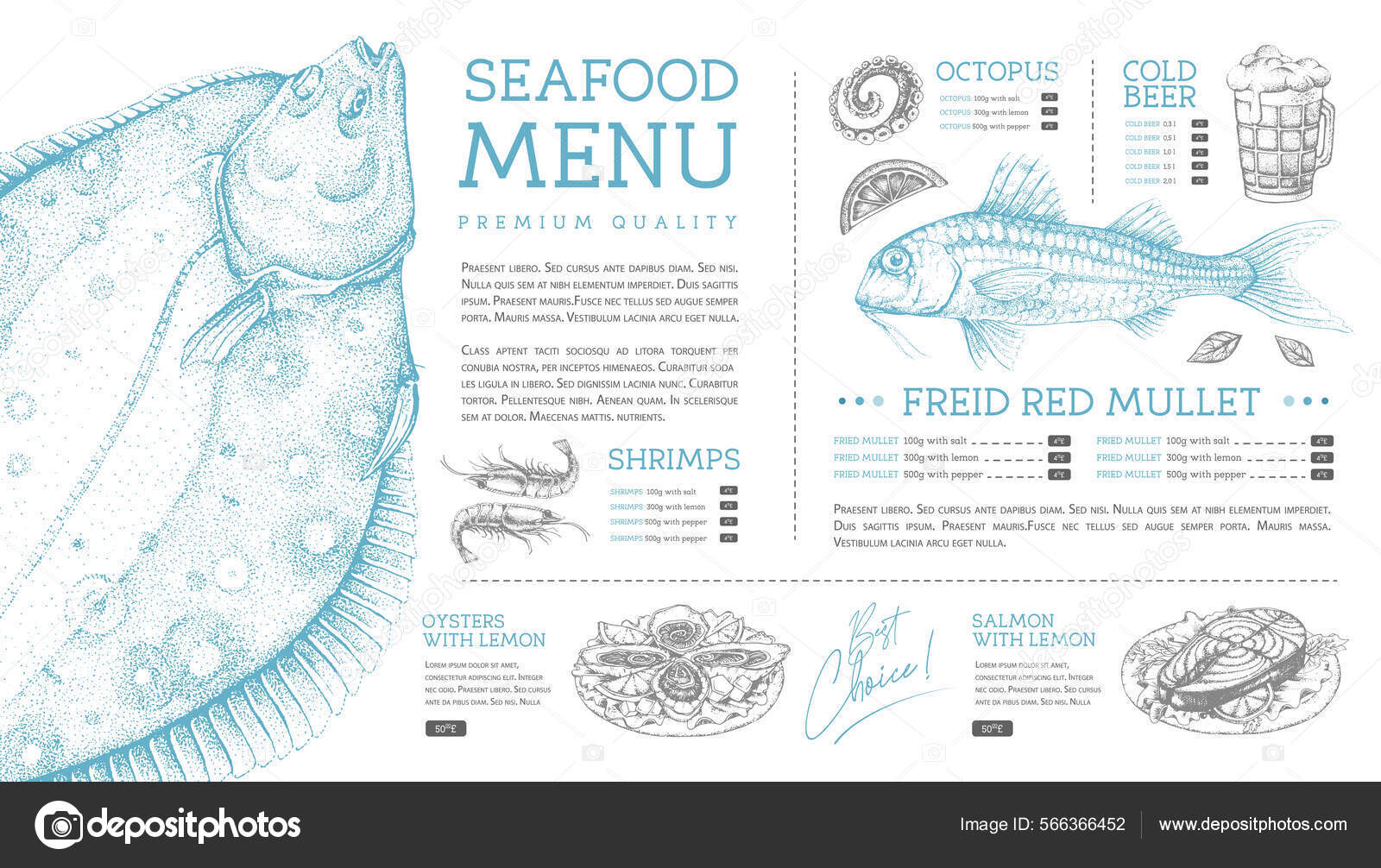 Seafood Restaurant Menu Design Hand Drawing Fish Vector Illustration ...