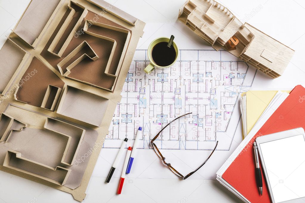 Overhead of building model and drafting tools on a construction plan ...