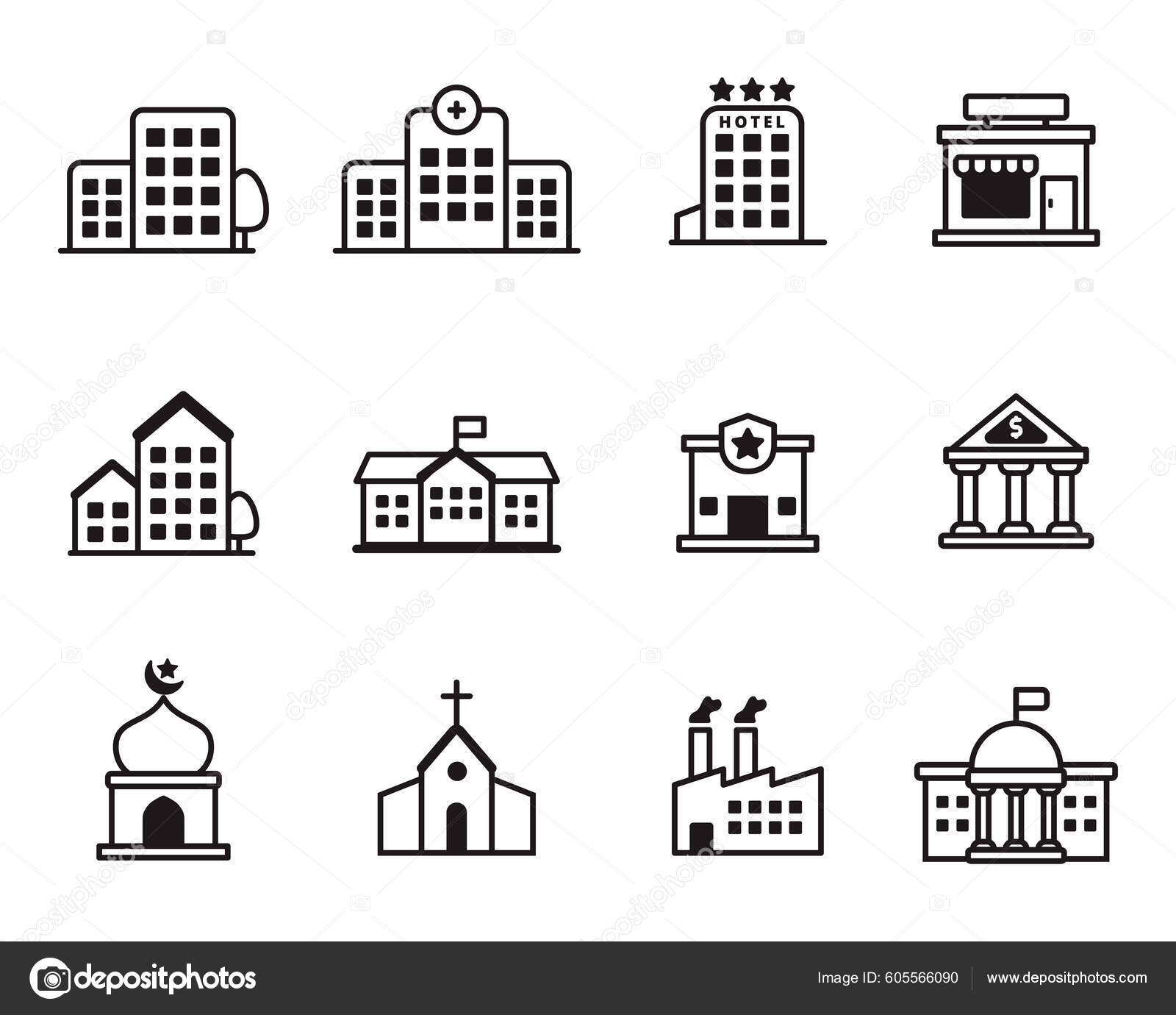 Set Buildings Icon Simple Black Design Isolated White Background 图库矢量图© ...