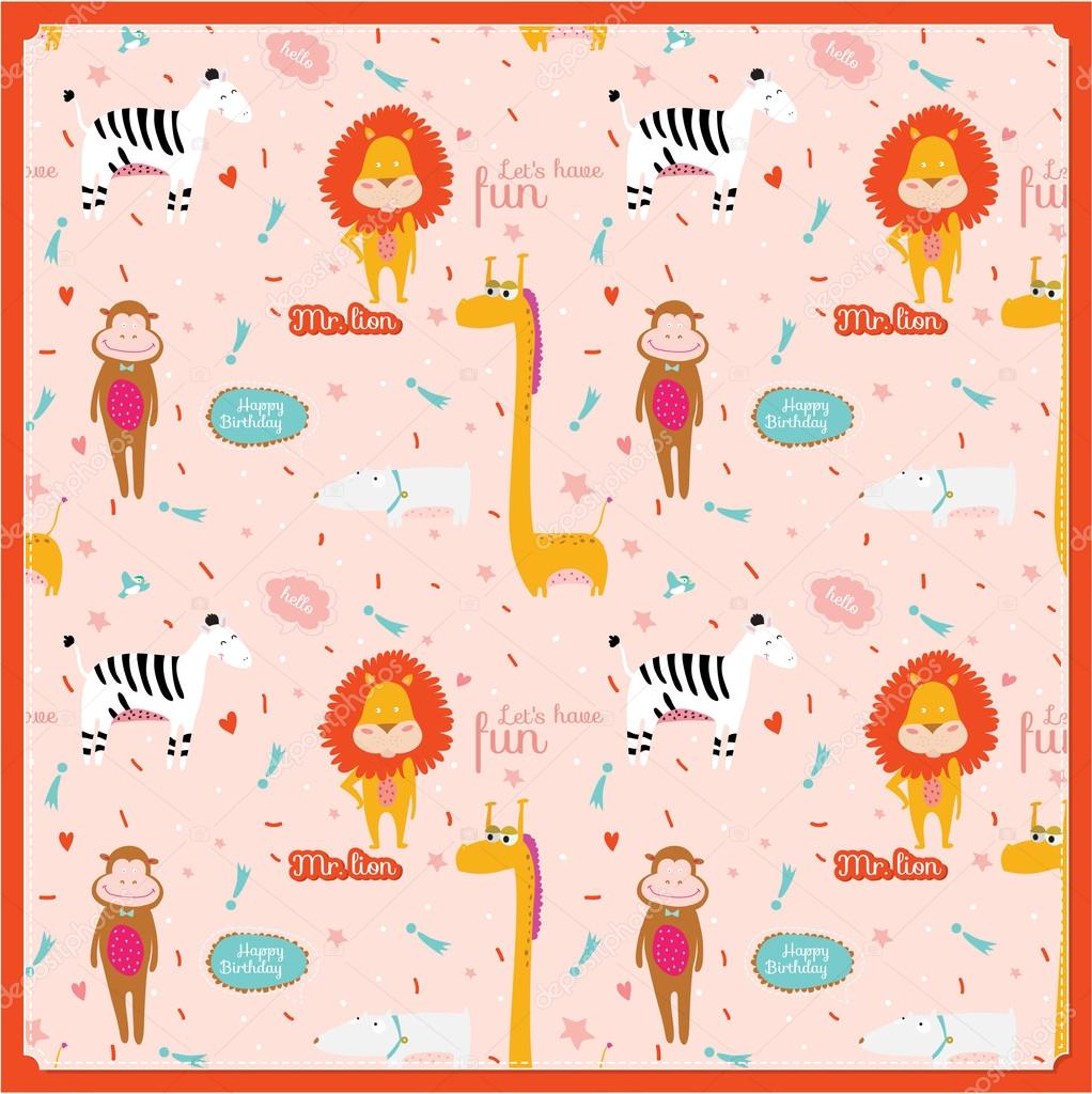 Childish pattern with cartoon animals, speech bubbles and fireworks ...