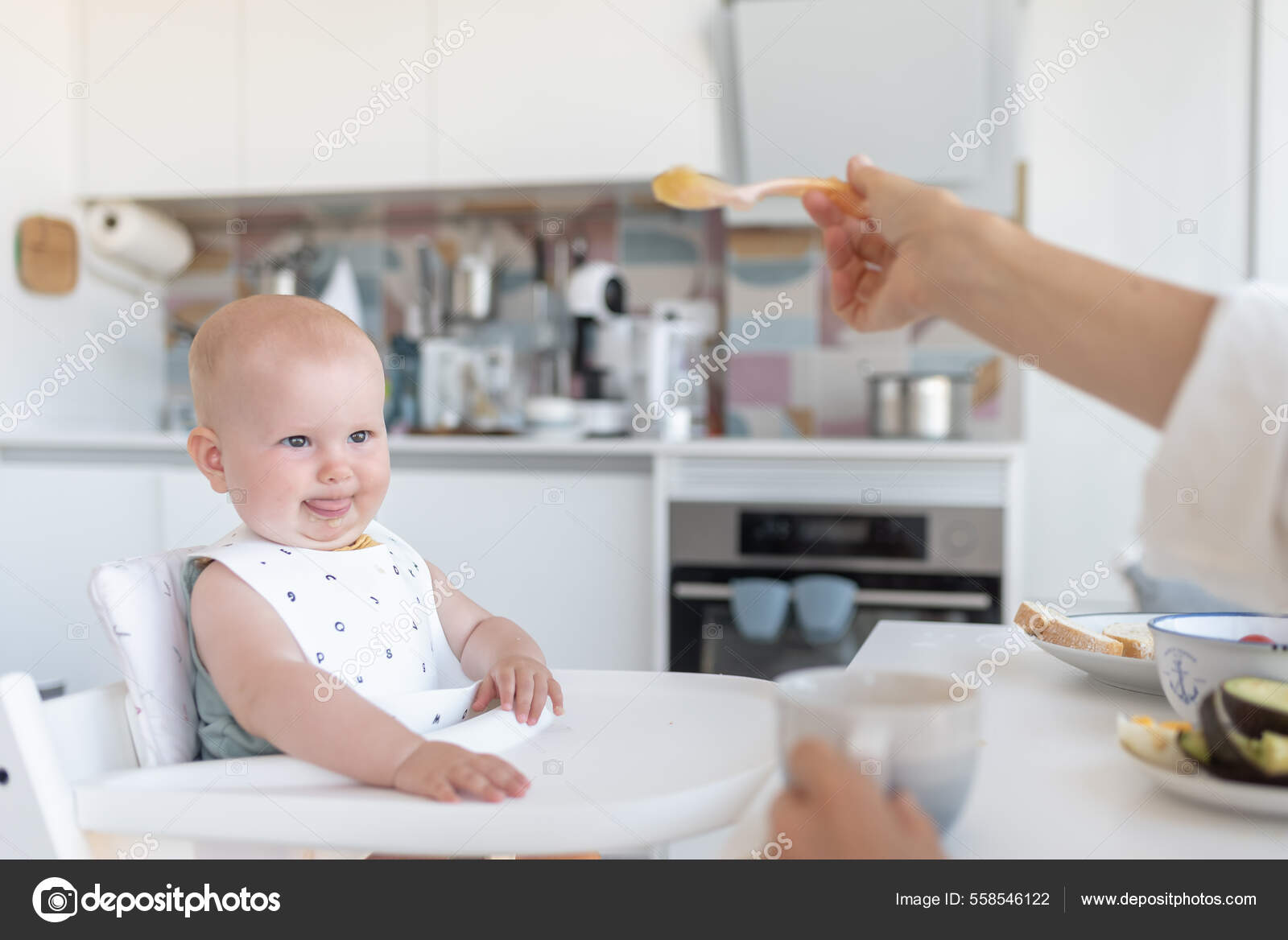 First feeding of the child, the child refuses to eat Stock Photo by ...