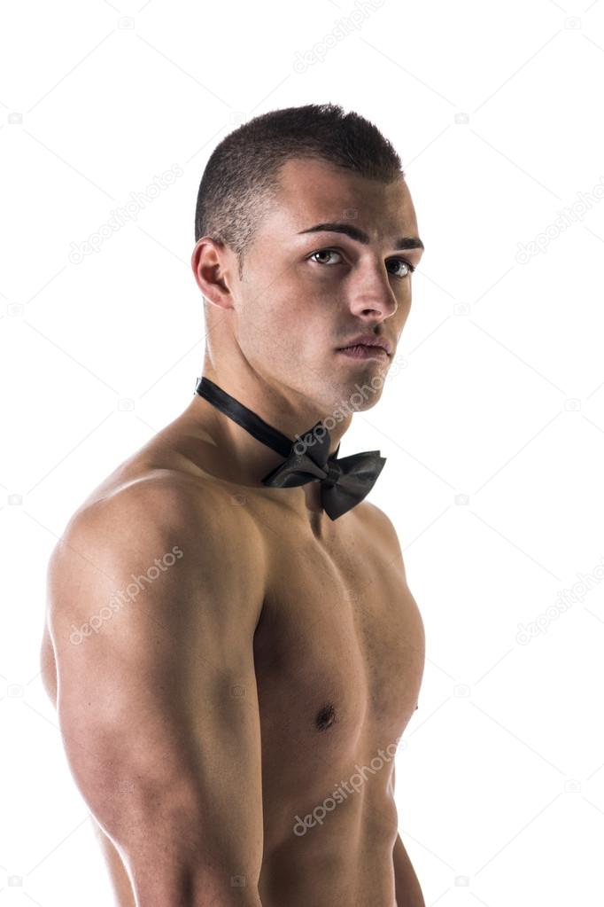 Attractive shirtless young man with black bow-tie Stock Photo by ...