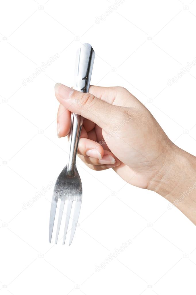 Women of hands holding fork from top view on background white — Stock ...