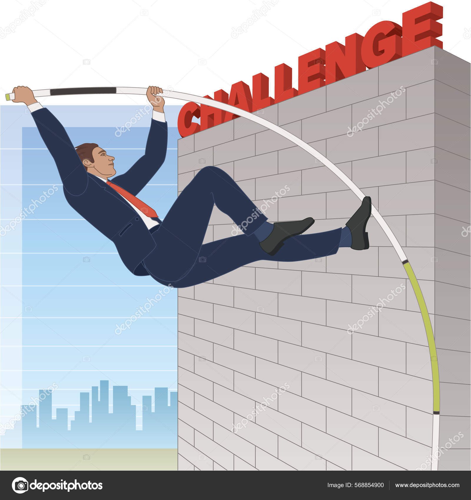 Businessman Pole Vaulting High Wall Word Challenge Line Graph Buildings ...