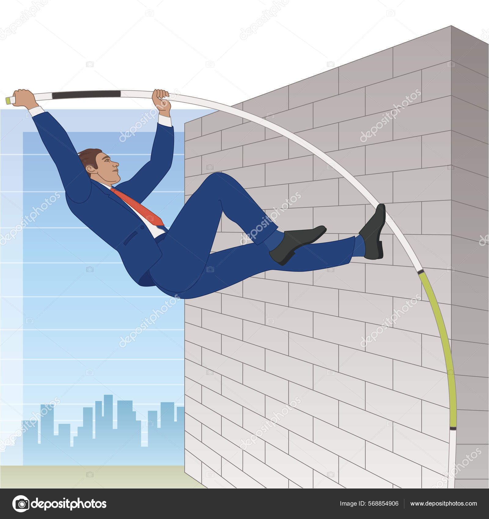 Businessman Pole Vaulting High Wall Line Graph Buildings Sky Background ...