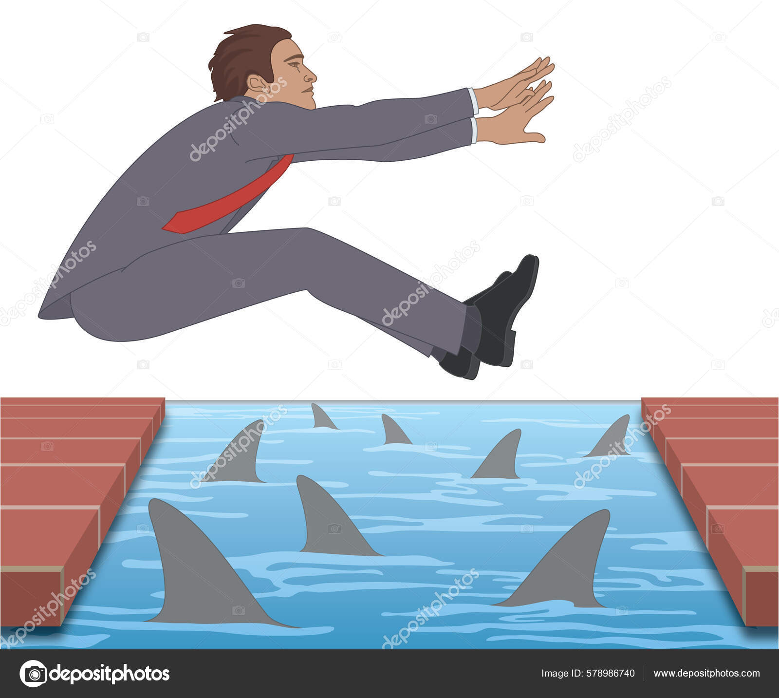 Businessman Long Jumping Distance Avoid Shark Infested Water Isolated ...