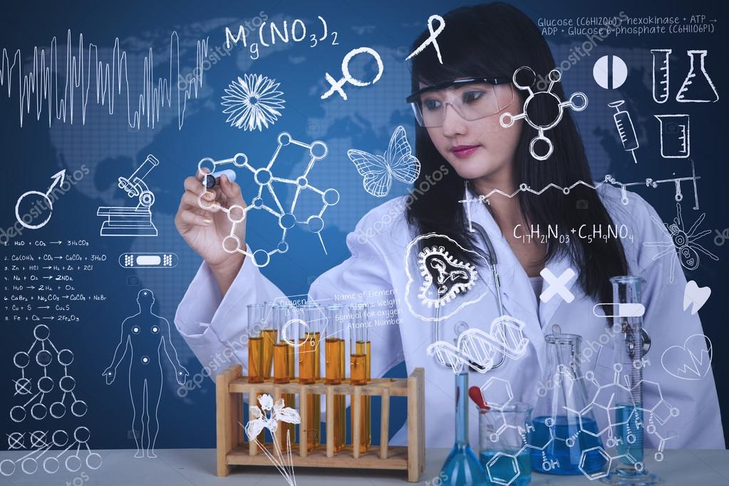 Beautiful scientist drawing formula at lab — Stock Photo © realinemedia ...