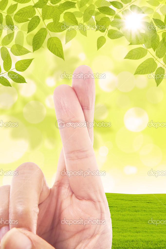 Cross finger gesture on green field background Stock Photo by ...
