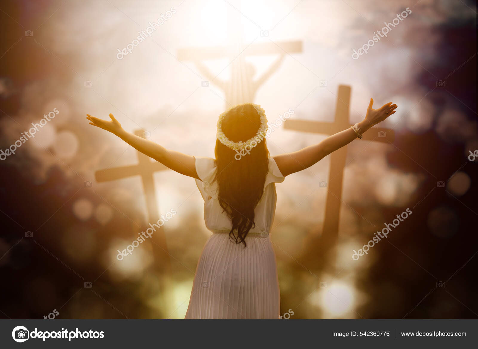 Back View Young Woman Raising Hands While Praying God Shining Stock ...