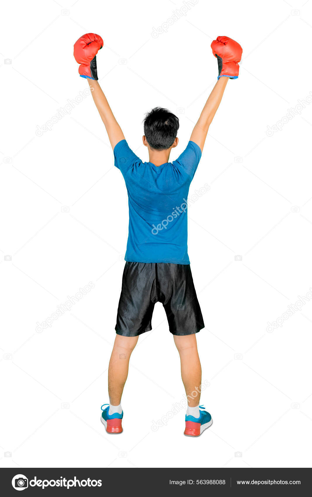 Rear View Male Boxer Lifting Hands Celebrating His Winning While ...
