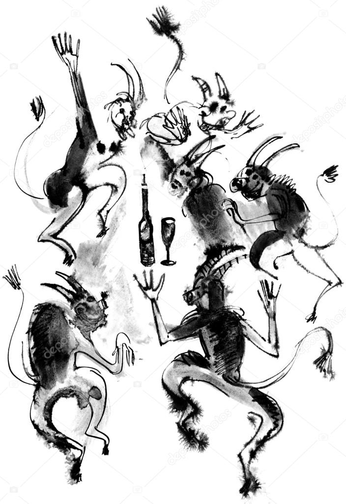 Dancing devils, ink drawing — Stock Photo © kharlamova_lv #16642047