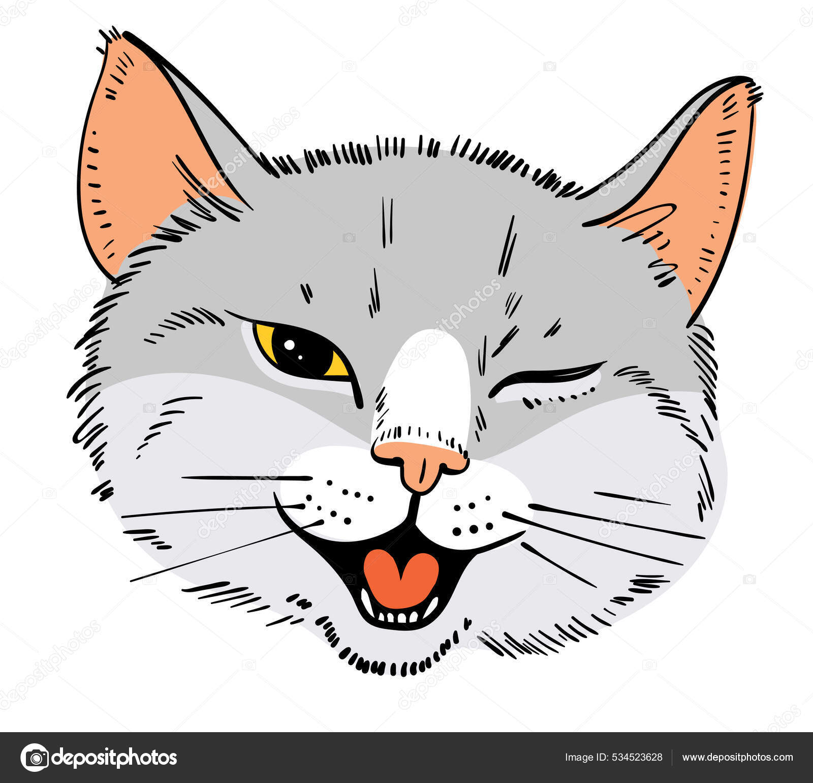 Cat Portrait Drawing Feline Grin Cat Stuck Out His Tongue Stock Vector ...