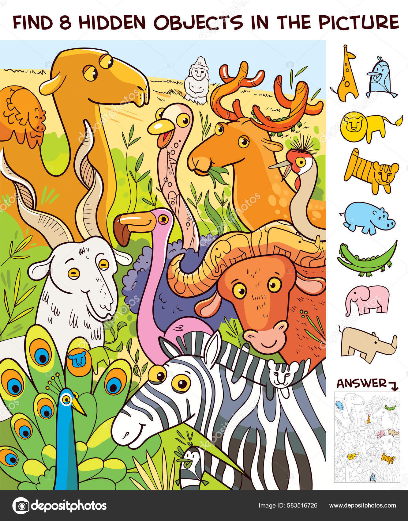 Group Wild Animals Zoo Find Hidden Objects Picture Puzzle Hidden Stock ...