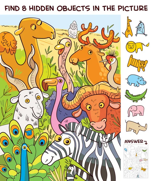 Group of wild animals in the zoo. Find 8 hidden objects in the picture ...