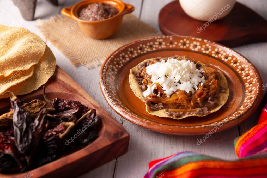Tostada de Tinga de Res. Plato típico mexicano preparado principalmente con carne rallada ...
