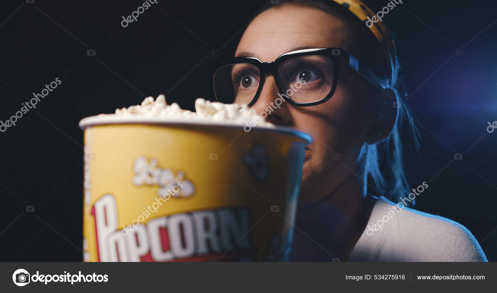 Woman Glasses Watching Scary Horror Movie Cinema Eating Popcorn — Stock ...