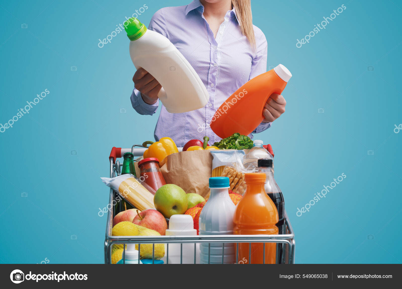 Woman Doing Grocery Shopping Supermarket Comparing Products She ...