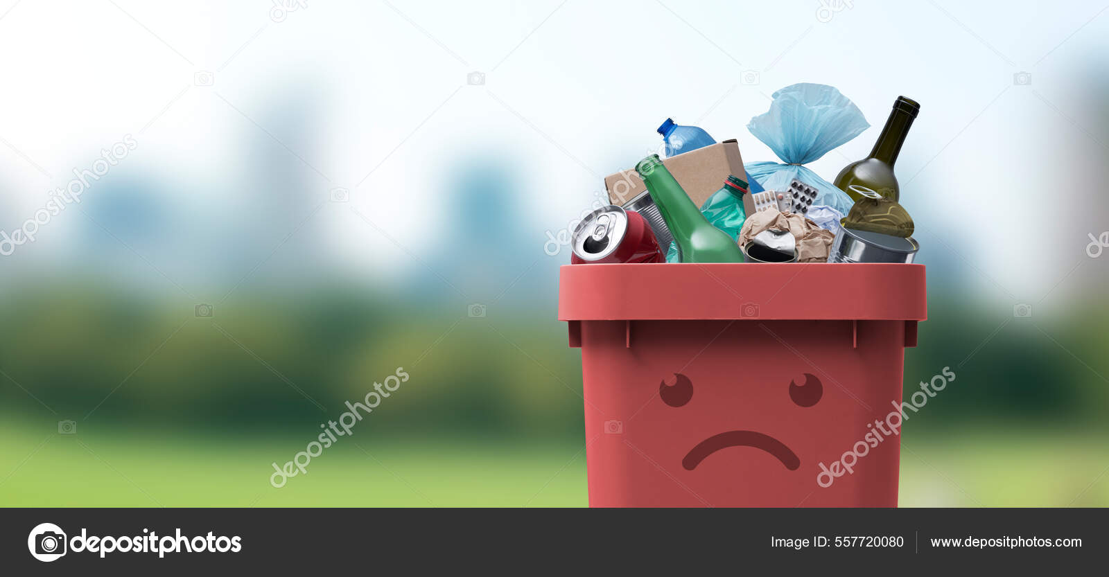 Sad Garbage Can Character Full Undifferentiated Waste Improper Waste ...