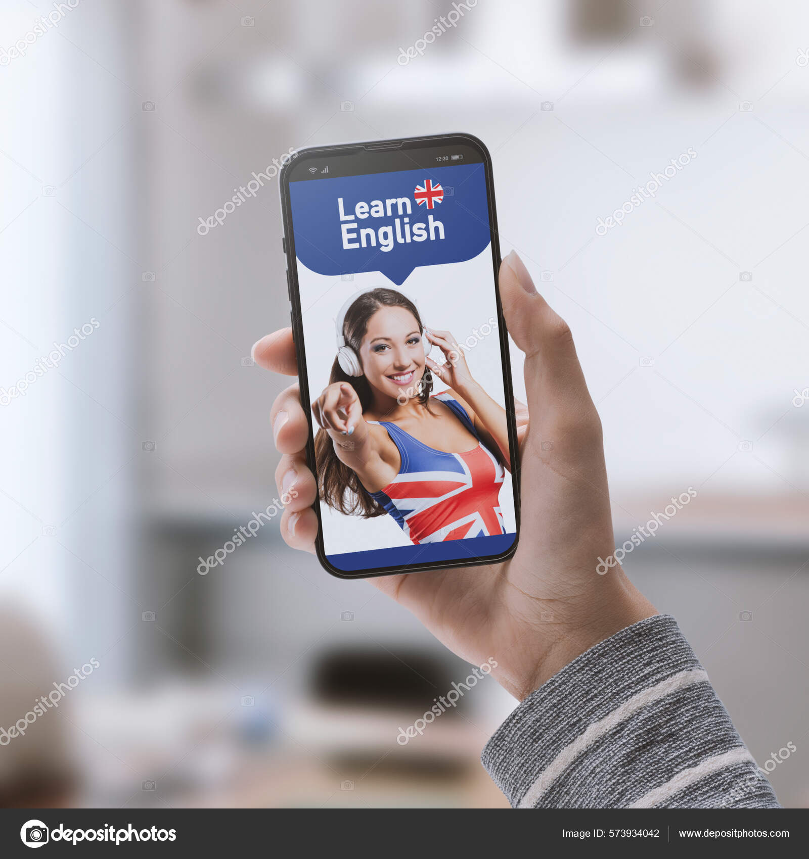 Hand Holding Smartphone English Learning App Phone Screen Online ...