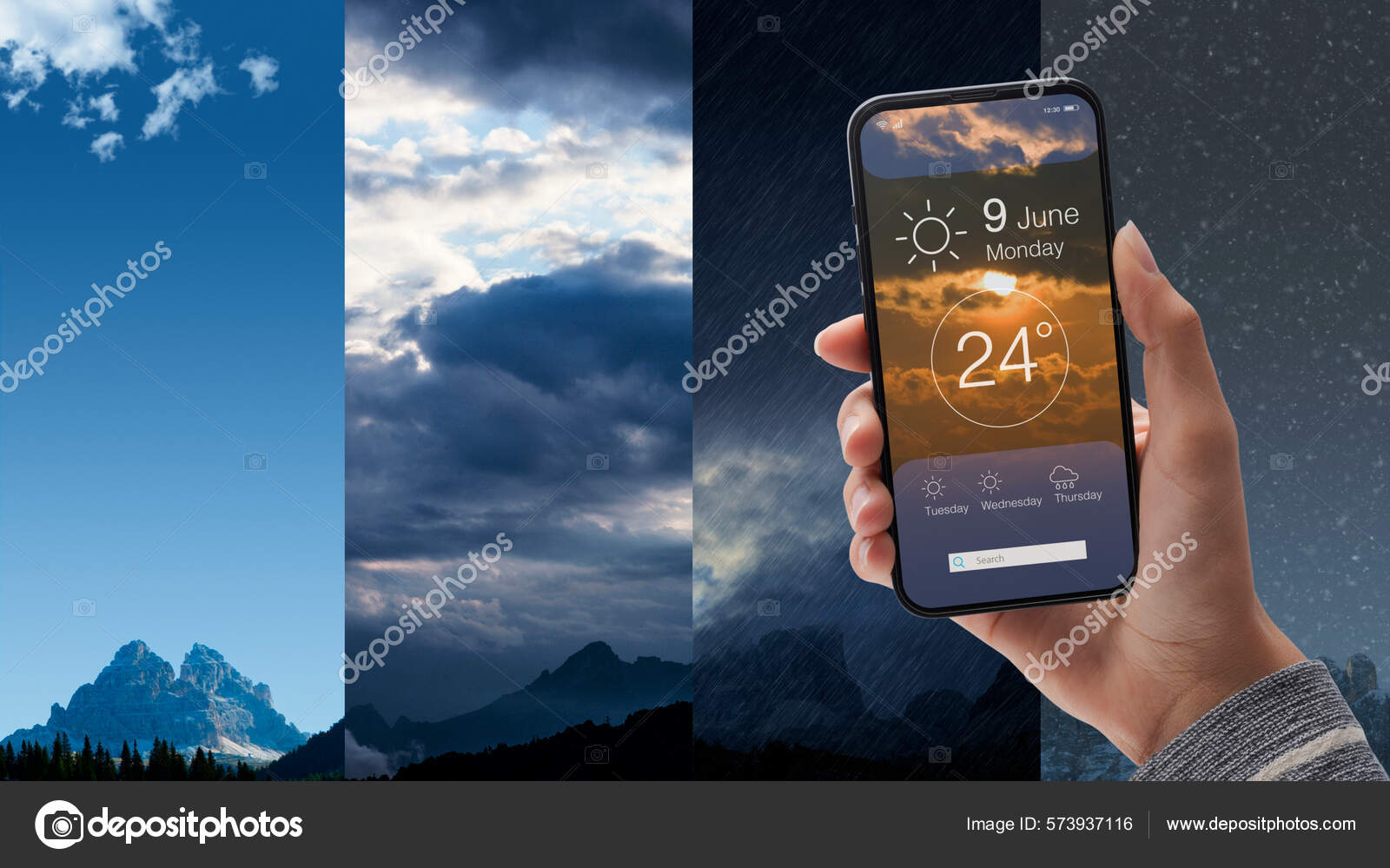 Hand Holding Smartphone Weather Forecast App Display Different Types ...