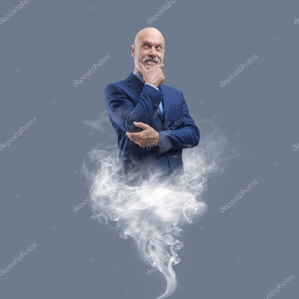 Empresario genio que aparece y fuma, él está pensando con la mano en la ... Empresario genio que aparece y fuma, él está pensando con la mano en la ...