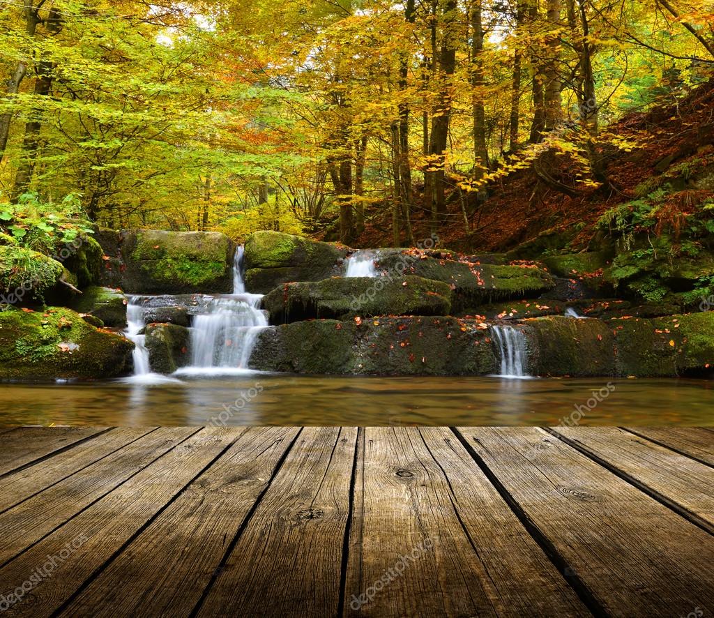 Autumn waterfall background with empty table Stock Photo by ©kwasny222 ...