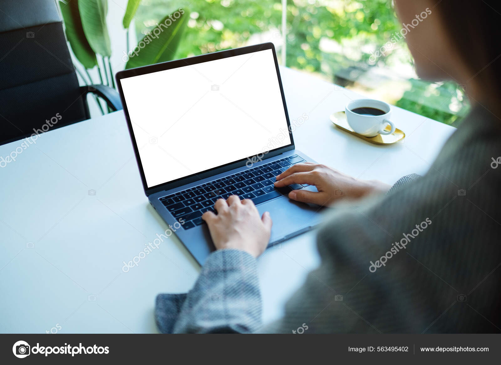 Mockup Image Businesswoman Using Typing Laptop Keyboard Blank White ...