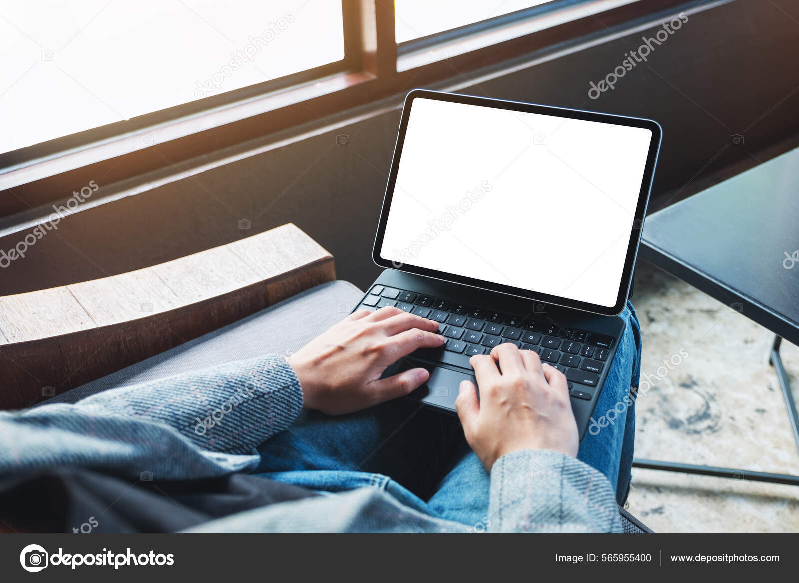 Mockup Image Woman Using Typing Tablet Keyboard Blank White Desktop ...