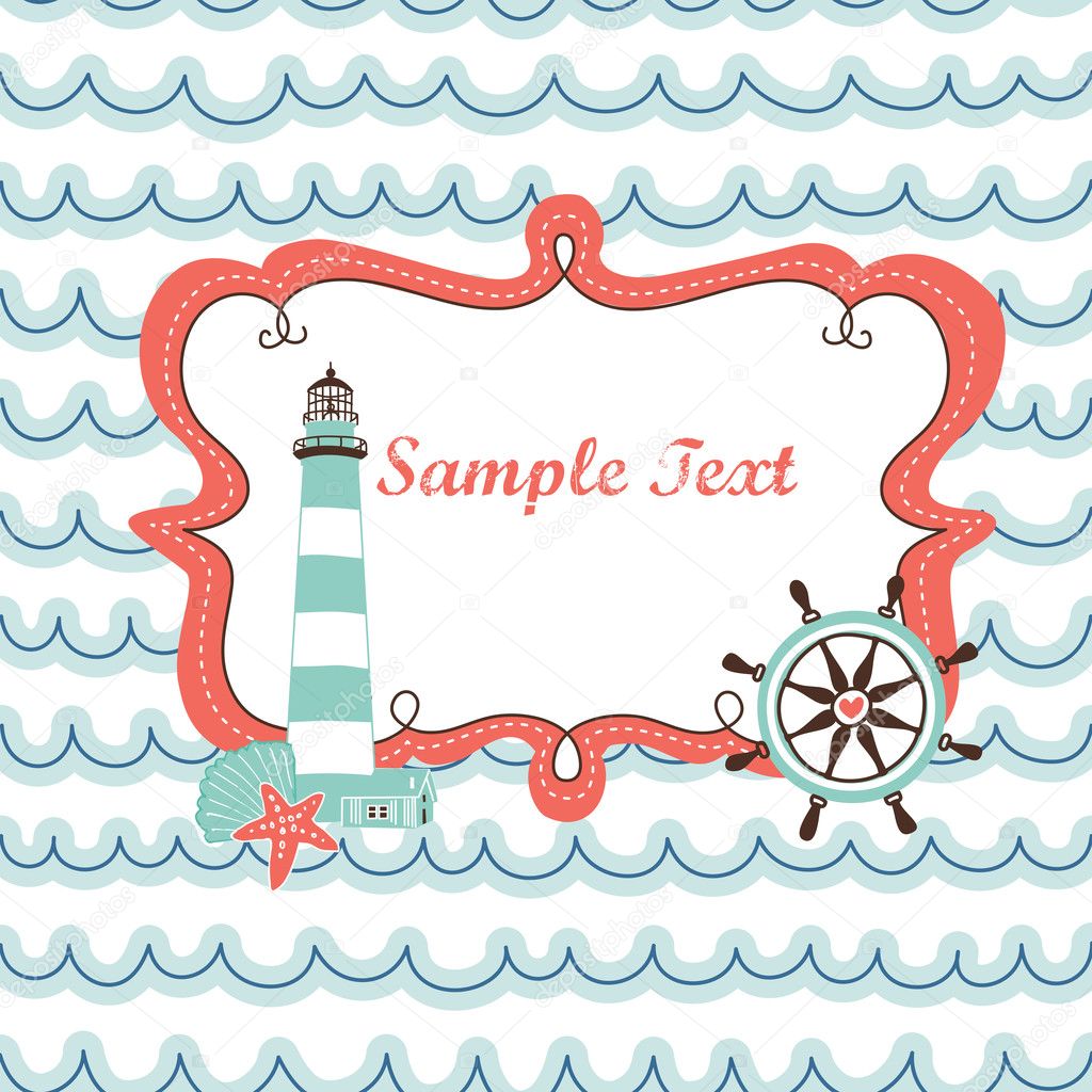 Nautical card with cute lighthouse, sailing wheel on waves background ...